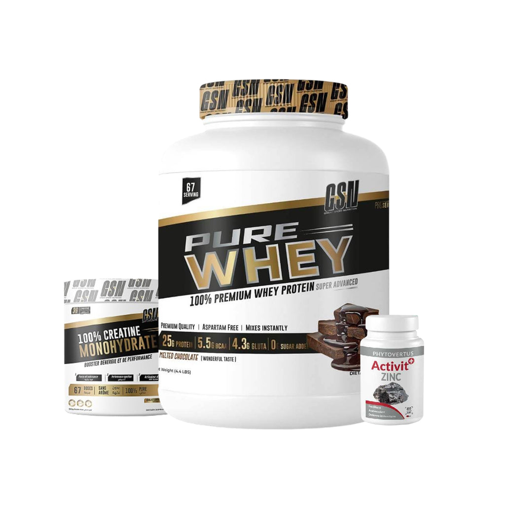 Pure whey gsn 2kg + creatine monohydrate 200g + zinc 30c aps
