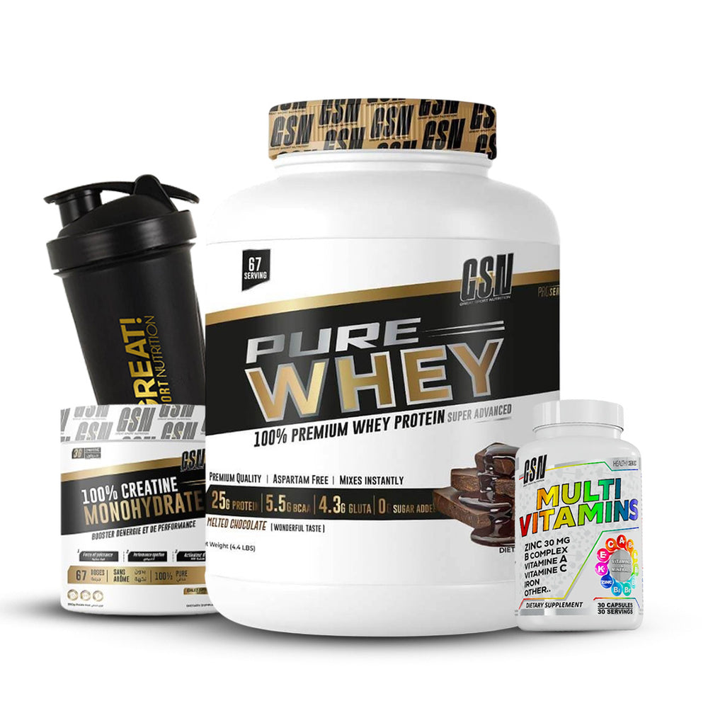 pure whey gsn 2kg + creatine gsn 200g + Multivitamin gsn 30 caps + sha