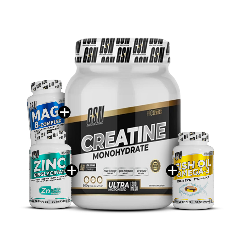 Creatine monohydrate 500g + zinc 30 cap + magnesium 30 cap + fish oil